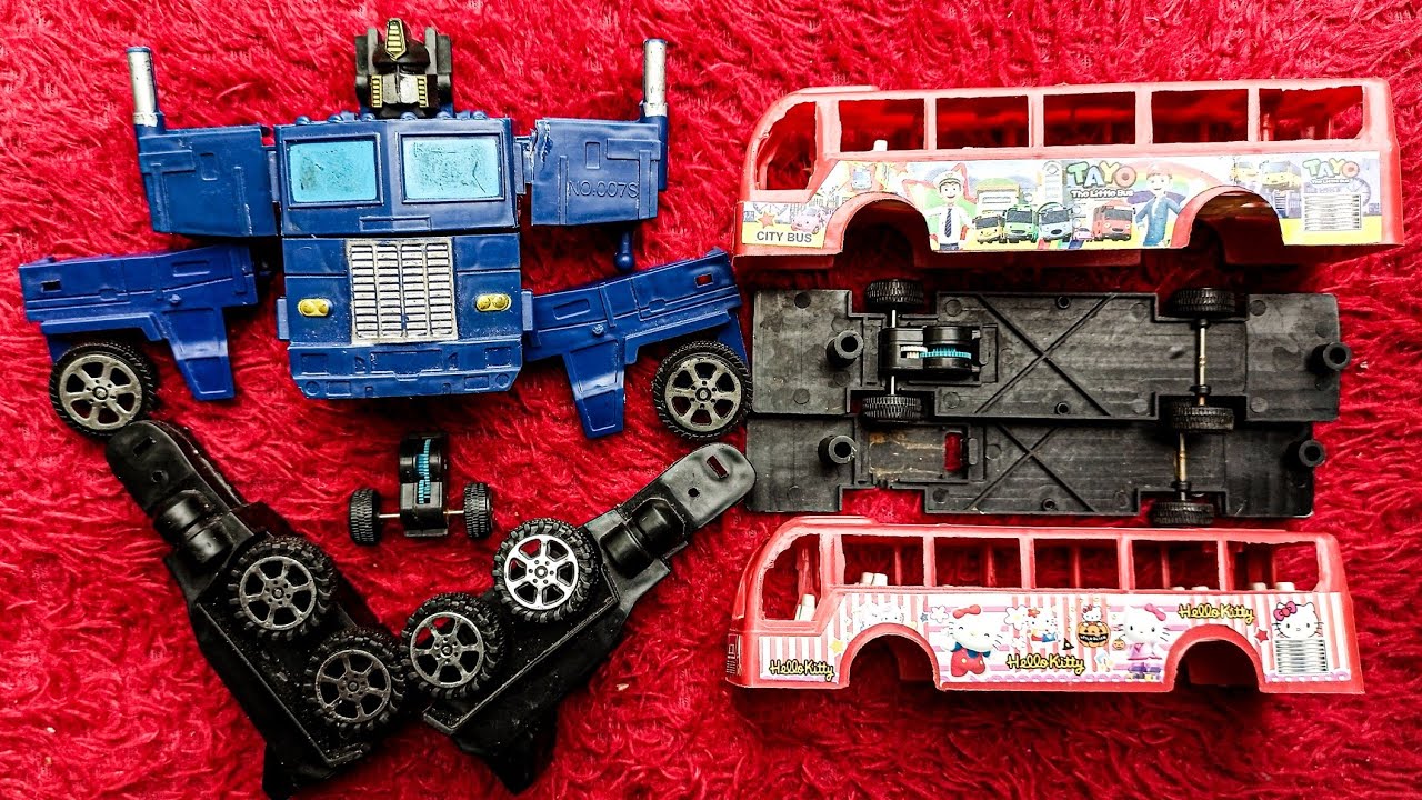 merakit kembali mainan terpisah Transformers Optimus prime, Bus tayo ...