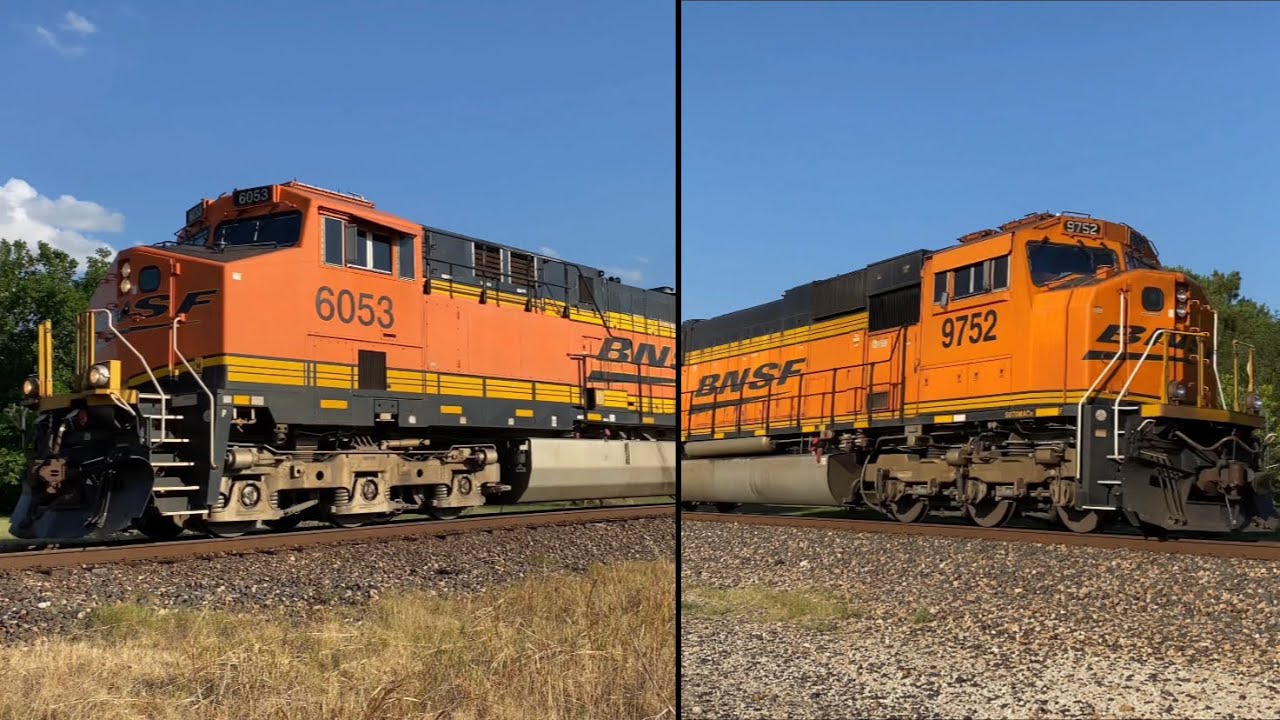 BNSF 6053 flies through Giddings Texas leading a Fayetteville Power Project coal train + a Mace ...