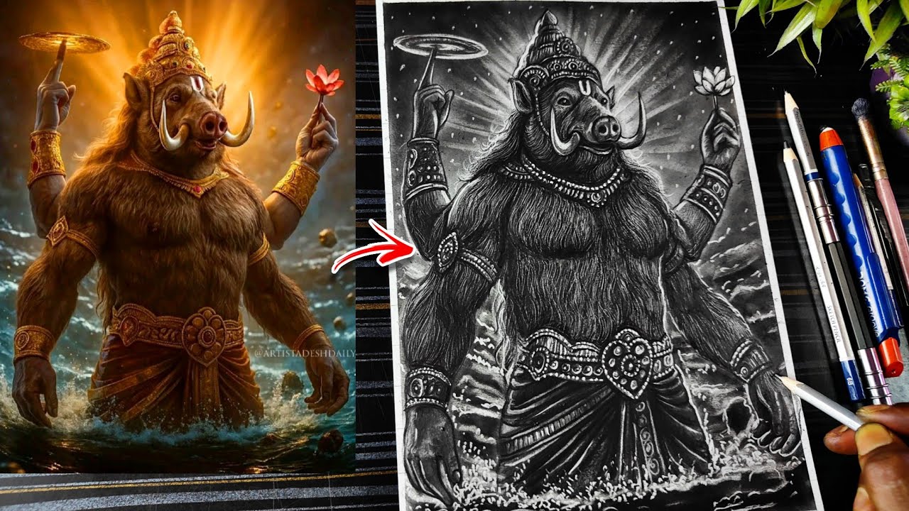 Varaha Avatar Drawing Sketch🔥, Lord Vishnu Varaha Avatar Drawing ...