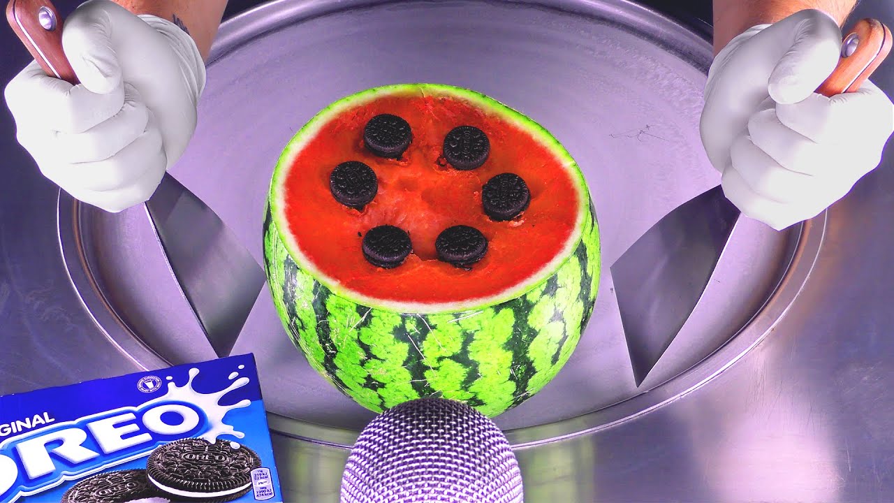 ASMR - Watermelon & OREO Ice Cream Rolls | how to make Melon + Cookies ...