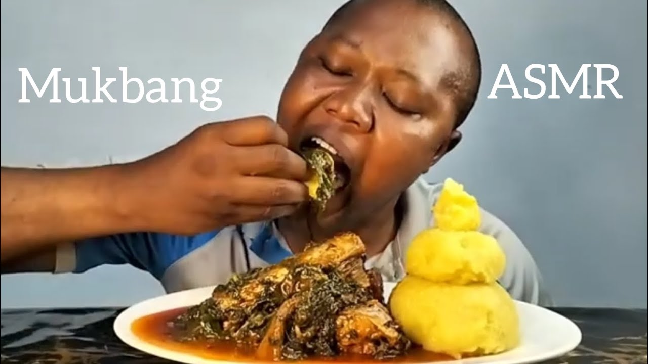 African food mukbang eating vegetables spinach soup with eba flour fufu ...