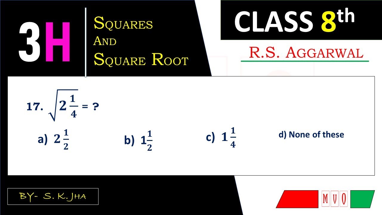 Exercise- 3H | Qus- 17 | Class 8 | Squares and Square Root | R S ...