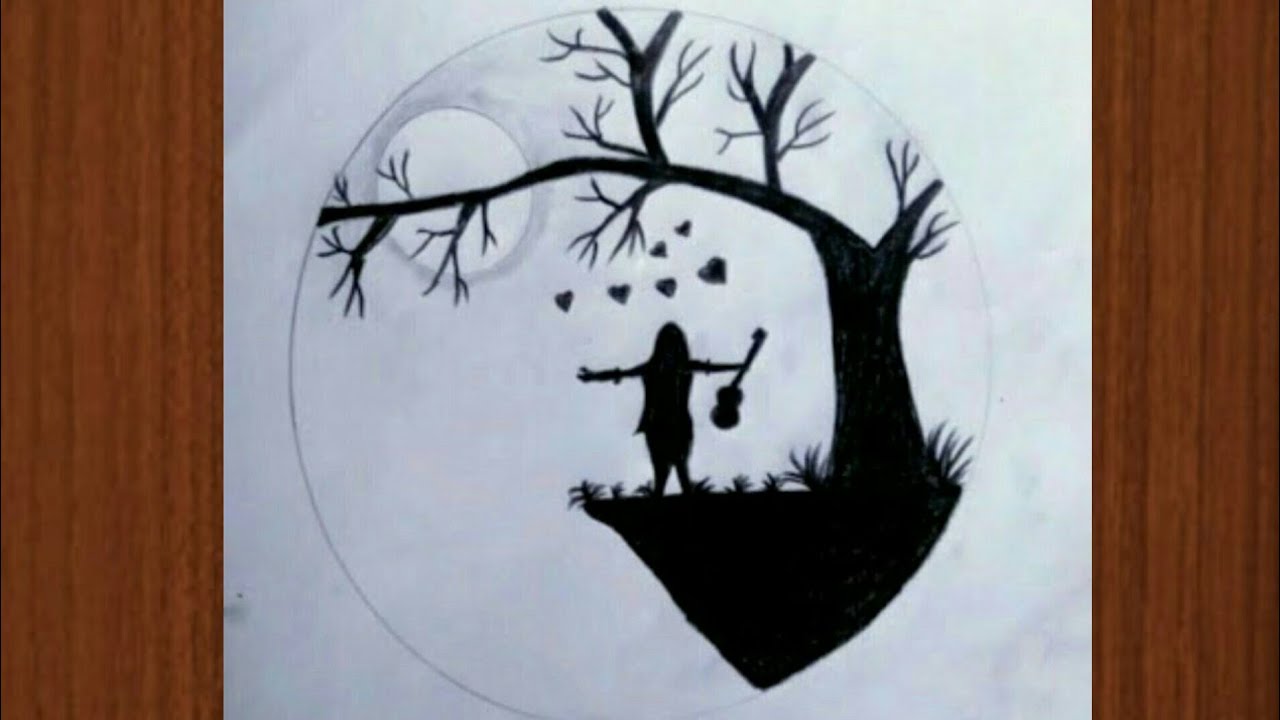 Scenery Drawing in circle/ Girl Drawing/ Pencil drawing in circle ...