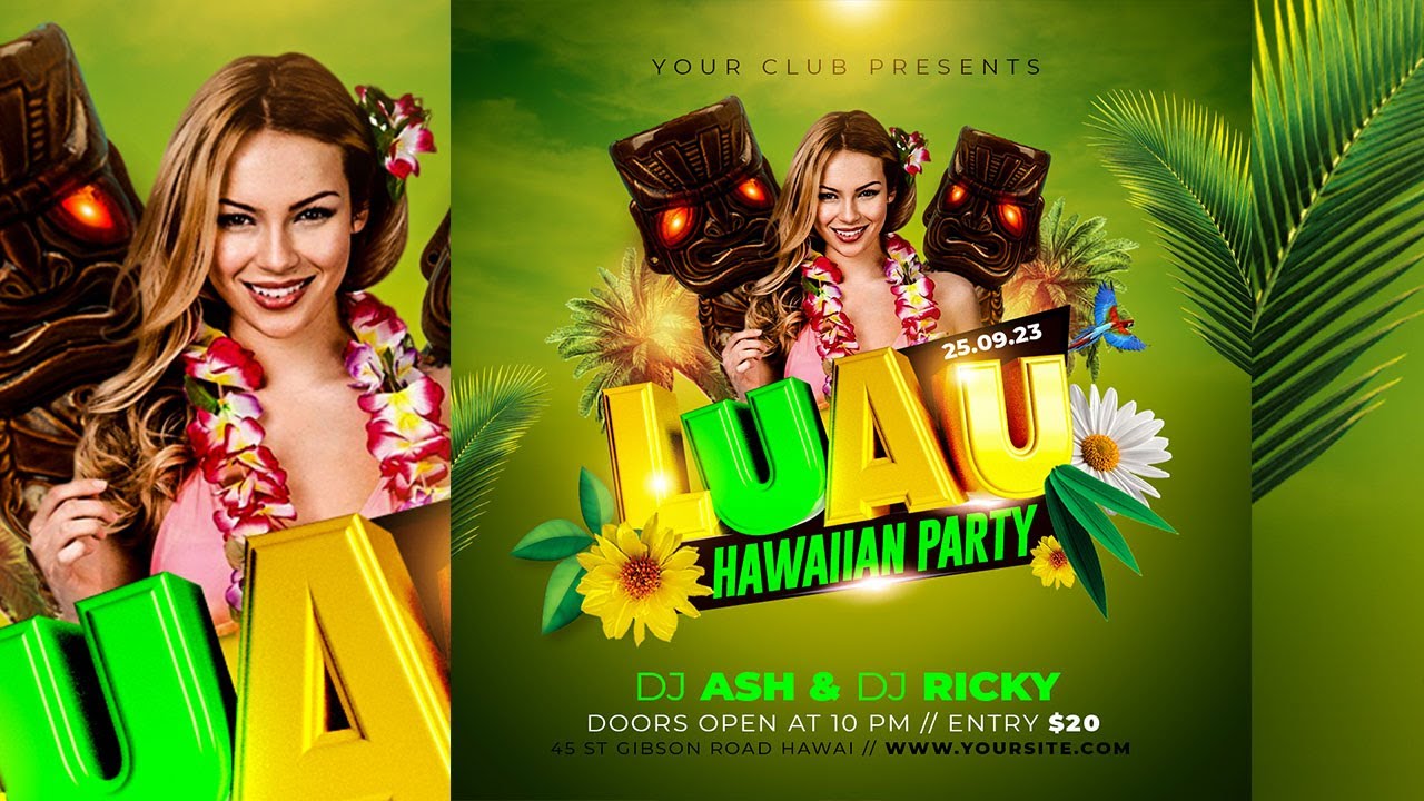 learn how to make LUAU Hawaiian party flyer | 3d title | creative ...