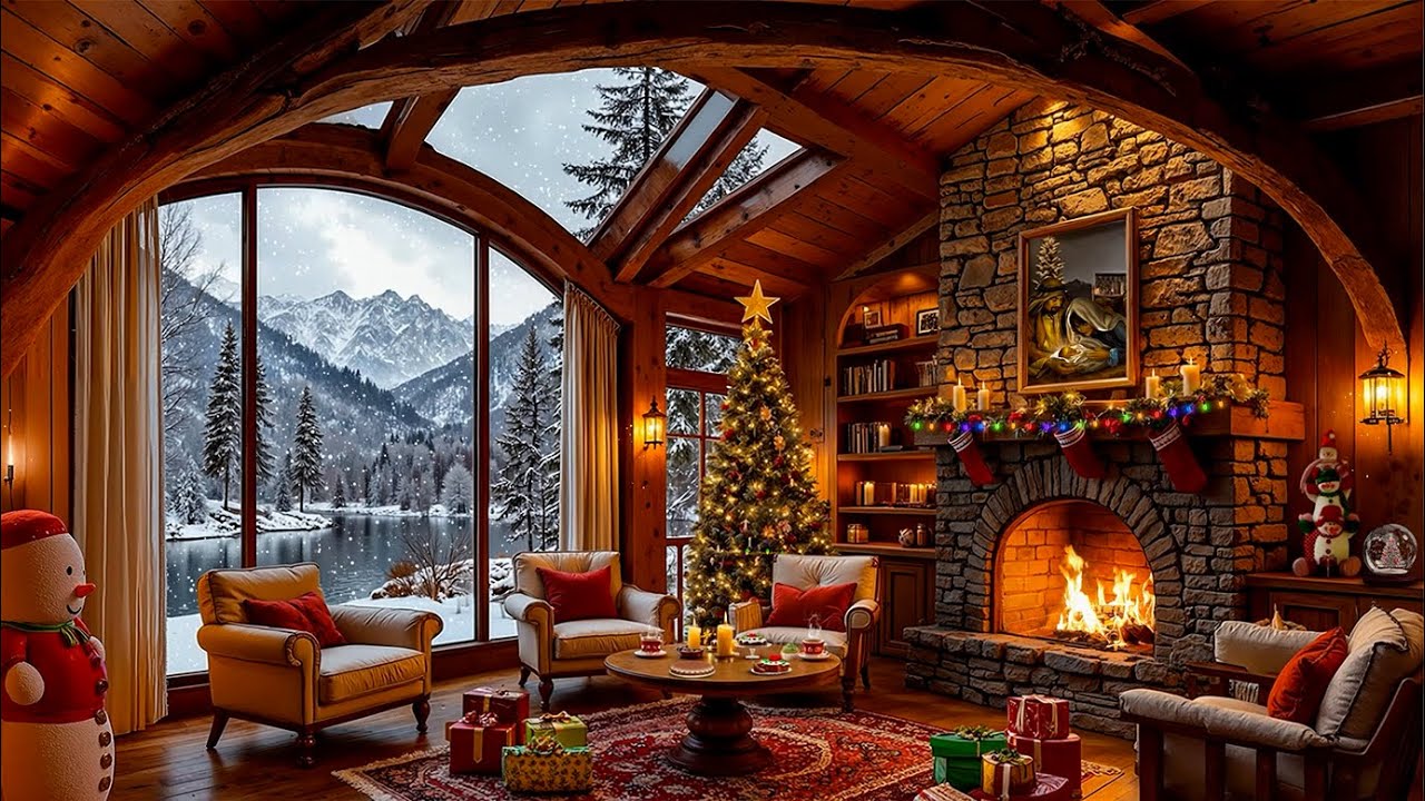 Winter Christmas Fireplace Ambience with Snowfall | Peaceful Jazz ...