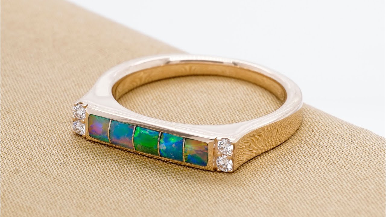 Rectangular, High Grade Five Star, Opal Inlay Ring with Side Diamonds ...