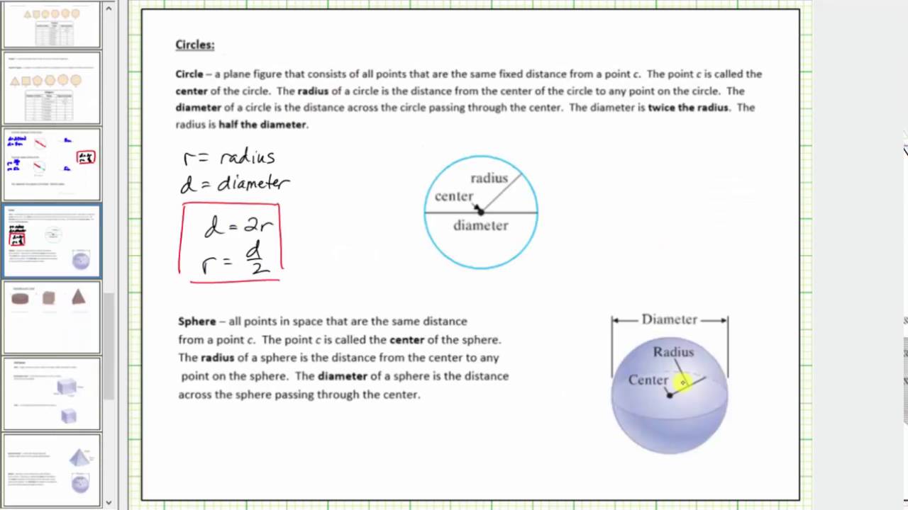 Circles and Solids: Radius, Diameter, and Naming Solids - YouTube
