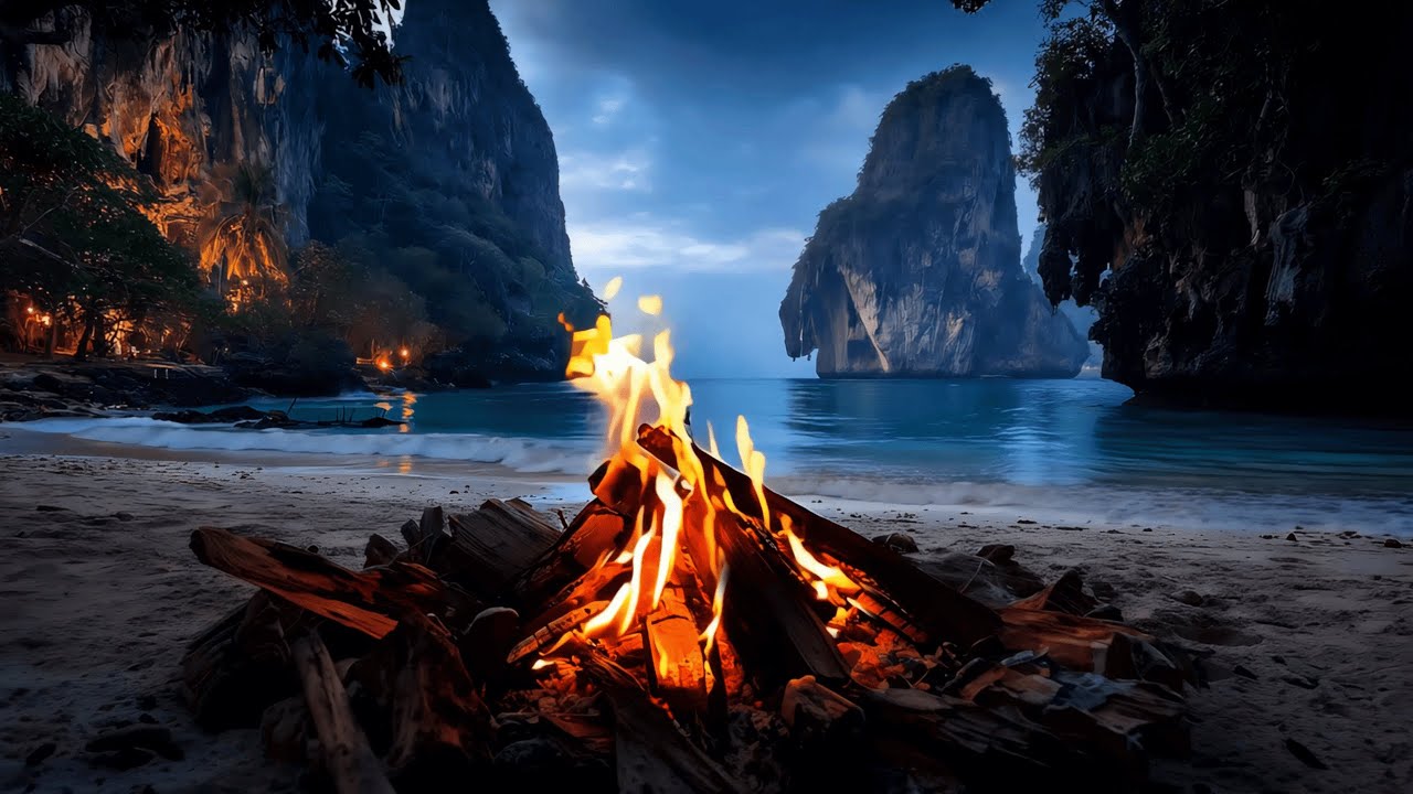 Alone on a Tropical Island With Campfire & Ocean Wave Sounds for Deep ...