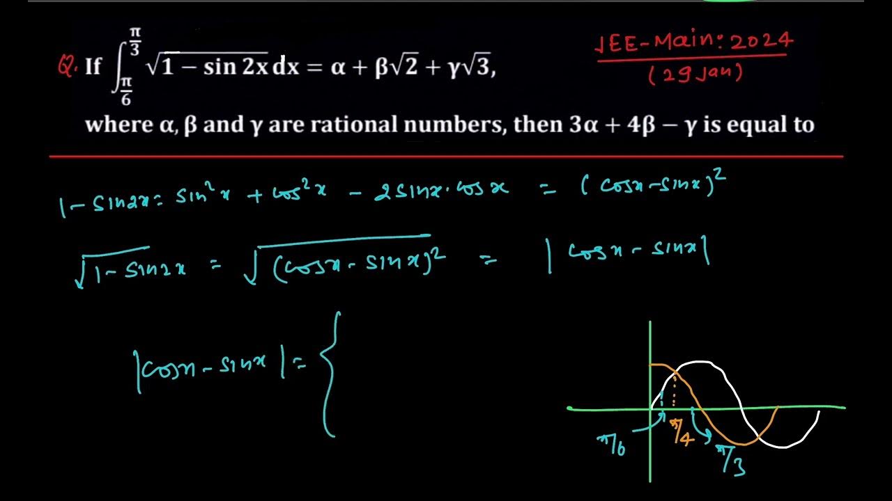 If int_pi/6 to pi/3 sqrt(1-sin2x)dx=alpha +beta sqrt(2)+gamma.sqrt(3),@mathsclass9033 - YouTube
