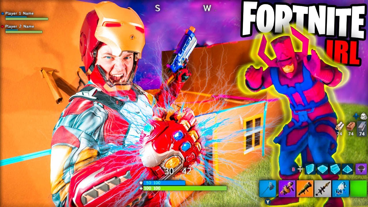 FORTNITE IRL Avengers Vs GALACTUS Box Fort! Iron Man INFINITY GAUNTLET ...