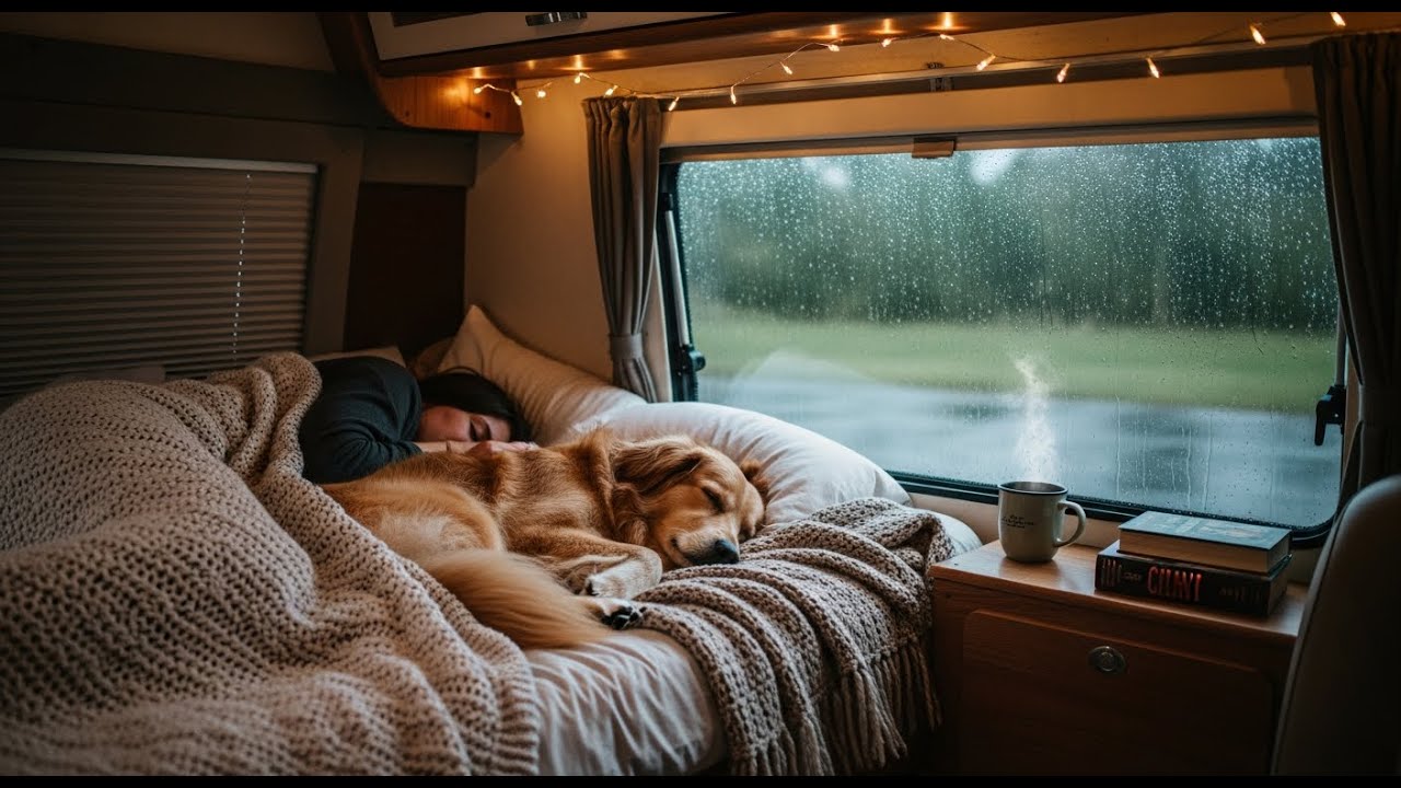 Rainy Vanlife Sleep Ambience | Cozy Camper Bed with Dog for Relaxation ...