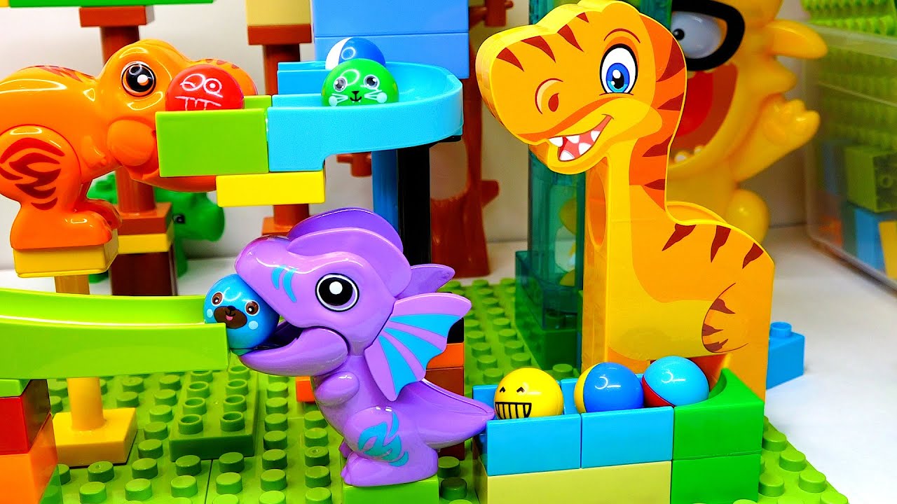 Marble Run ASMR Dinosaur Course with Spiral Elevator and Seesaw - YouTube