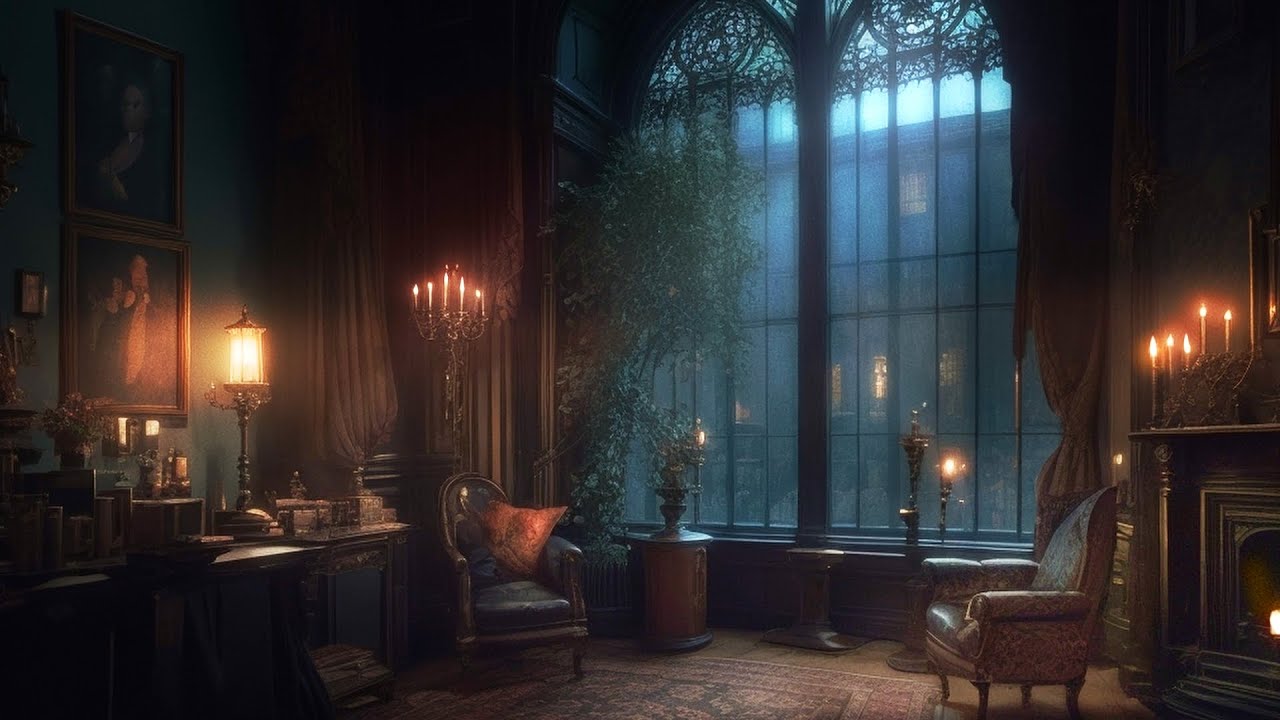 Gothic Lair Ambience | Soft Rain, Fireplace, Wind and Spooky Creaking ...