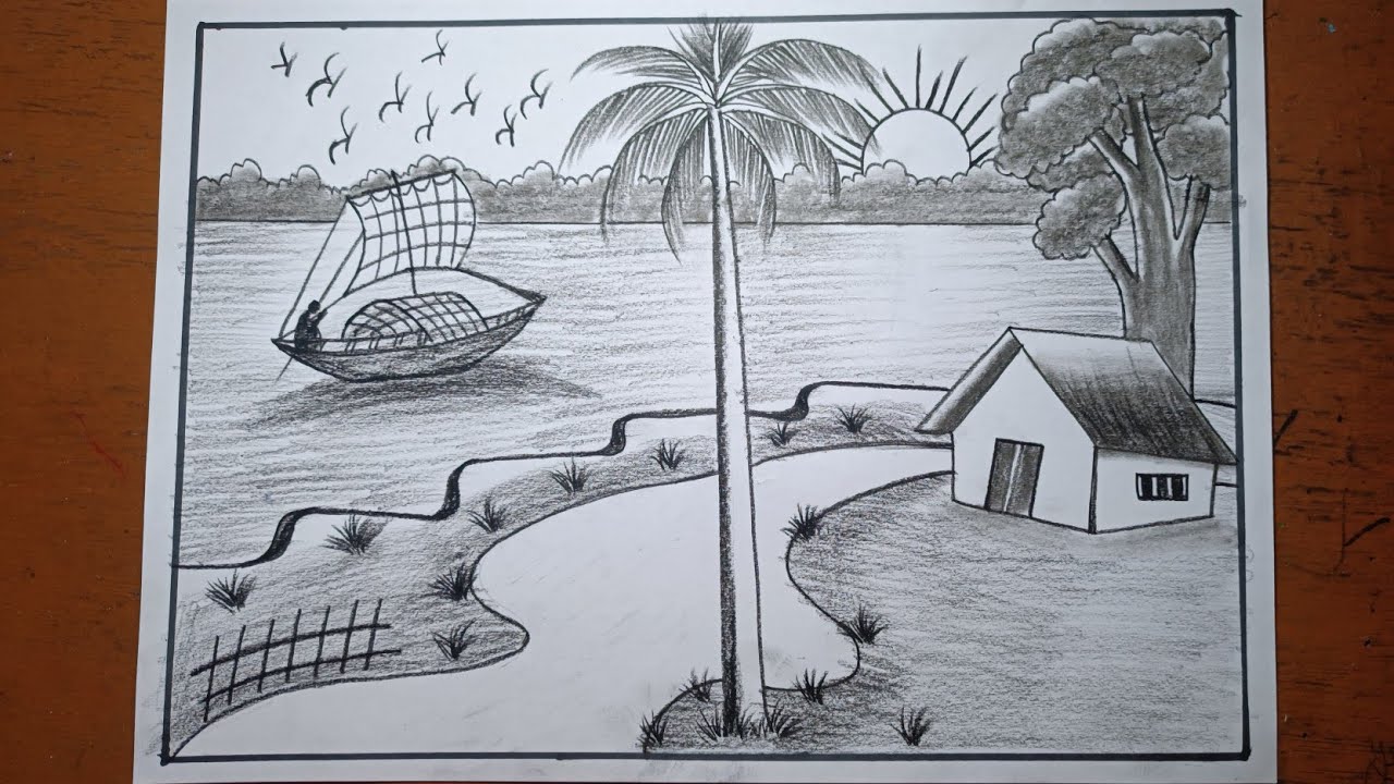 How to draw a landscape for beginners/Beautiful Village river scenery ...