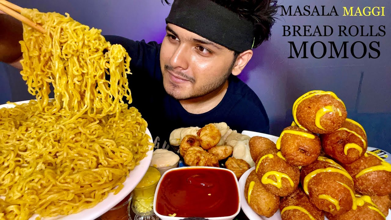 MASALA* MAGGI NOODLES AND CRISPY* BREAD ROLLS WITH MOMOS | MUKBANG ...