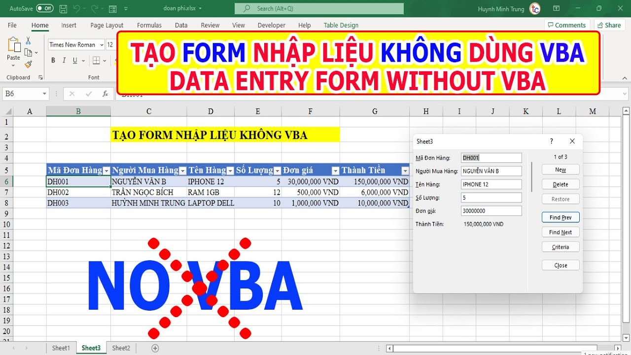 Tạo Form Nhập Liệu Excel Không Dùng Vba Data Entry Form Whitout Vba Youtube