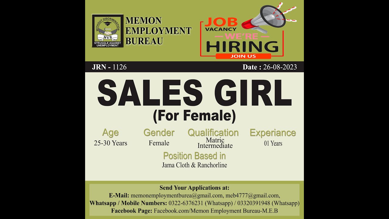 JRN-1126 | Required: SALES GIRL | 2023 | Memon Employment Bureau M.E.B ...