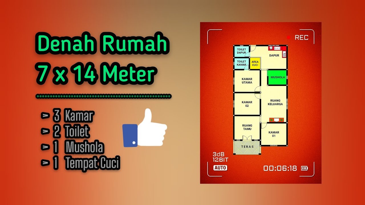 Denah Rumah 7x14 Meter 3 Kamar Tidur + Mushola - YouTube