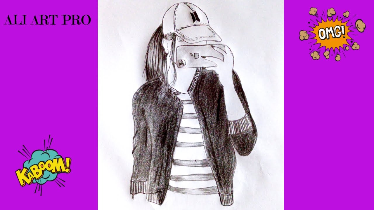 How to Draw A Girl Holding iphone|| A Girl Taking A Selfie-Easy Pencil ...