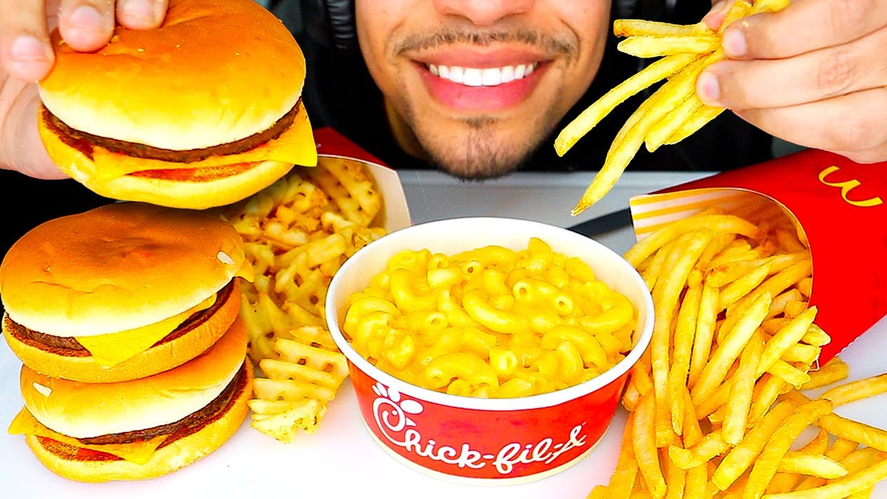 ASMR MCDONALDS MAC N CHEESE CHICK FIL A CHEESEBURGER FRIES STIRRING ...