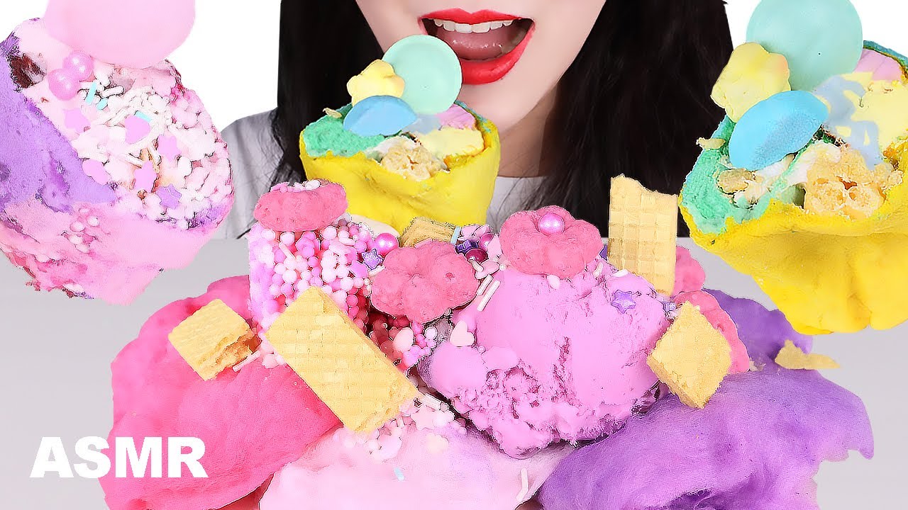 ASMR RECIPE *COTTON CANDY ICE CREAM BURRITO 3단 솜사탕 아이스크림 브리또 만들기, 솜사탕 ...