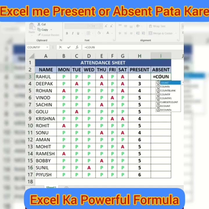 Excel Attendance Sheet Absent And Present Excel Me Kaise Pata Kare Absent Or Present