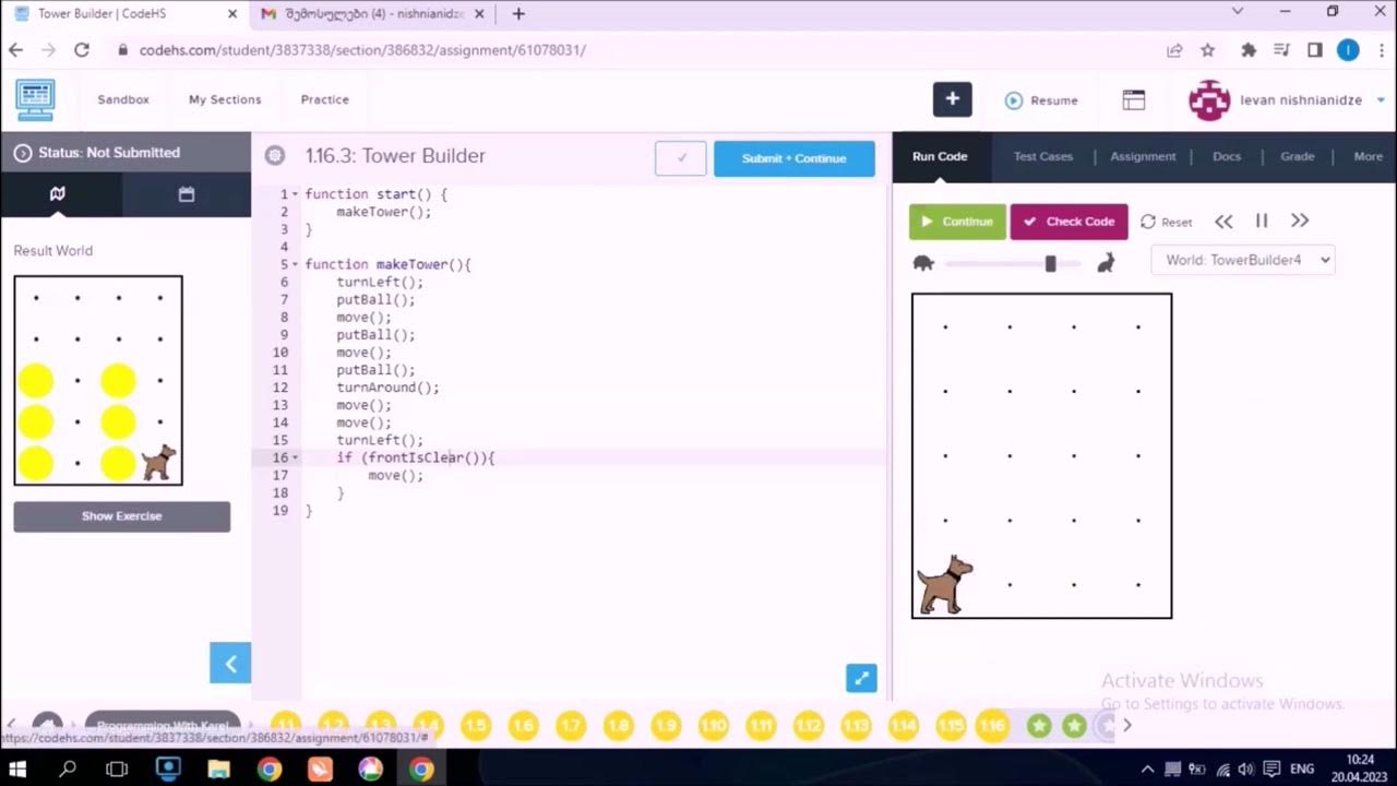 JavaScript კურსი _ karel - ის სავარჯიშო 1.16.3 tower builder / პროგრამირებია / ლევანი ...
