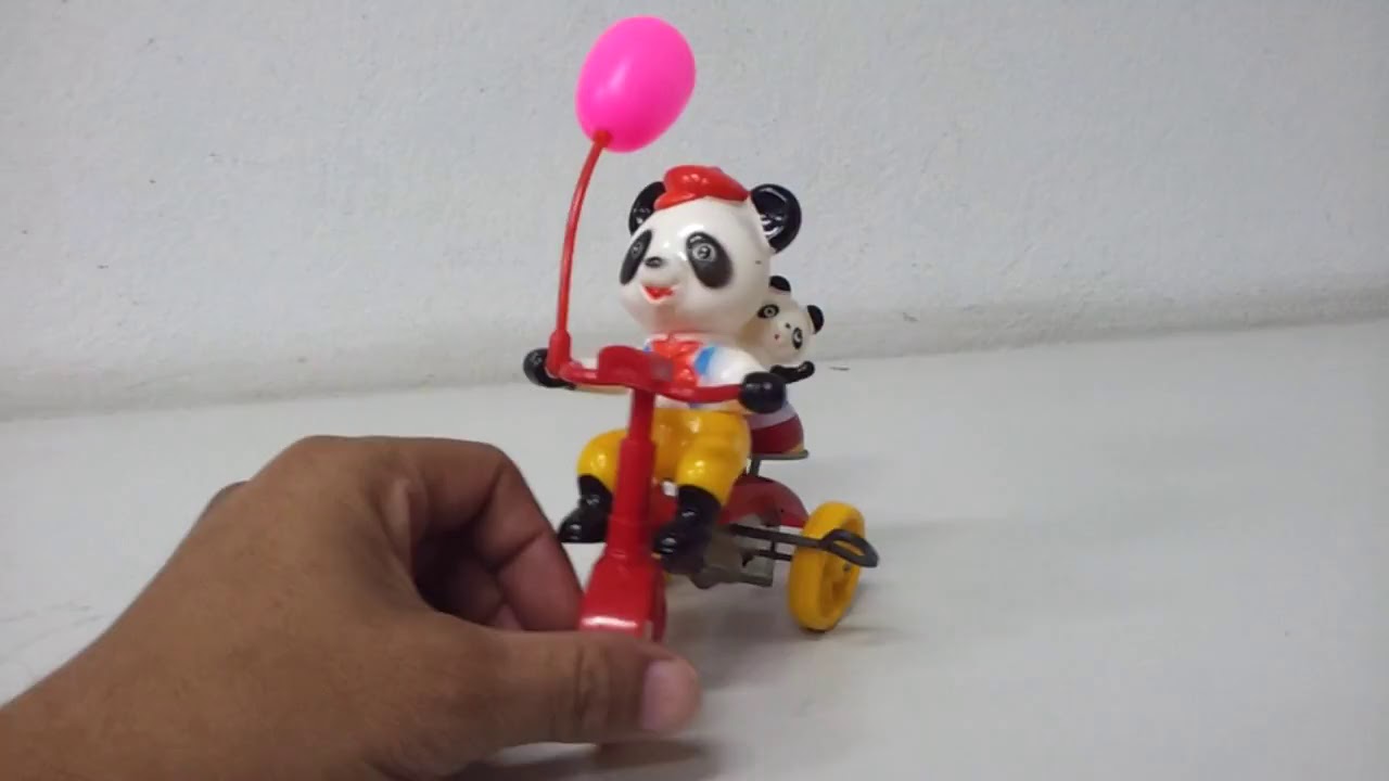 PANDA AND BABY ON TRICYCLE WIND UP TIN TOY ONO JAPAN - YouTube