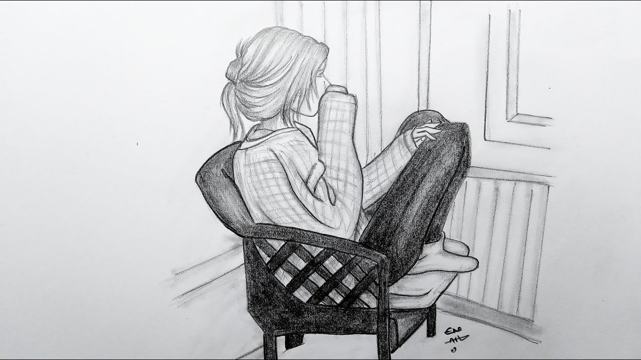 وحدى لكن ونسان رسم تعبيرى بنت تجلس على كرسى رسم فتاة سهل تعلم