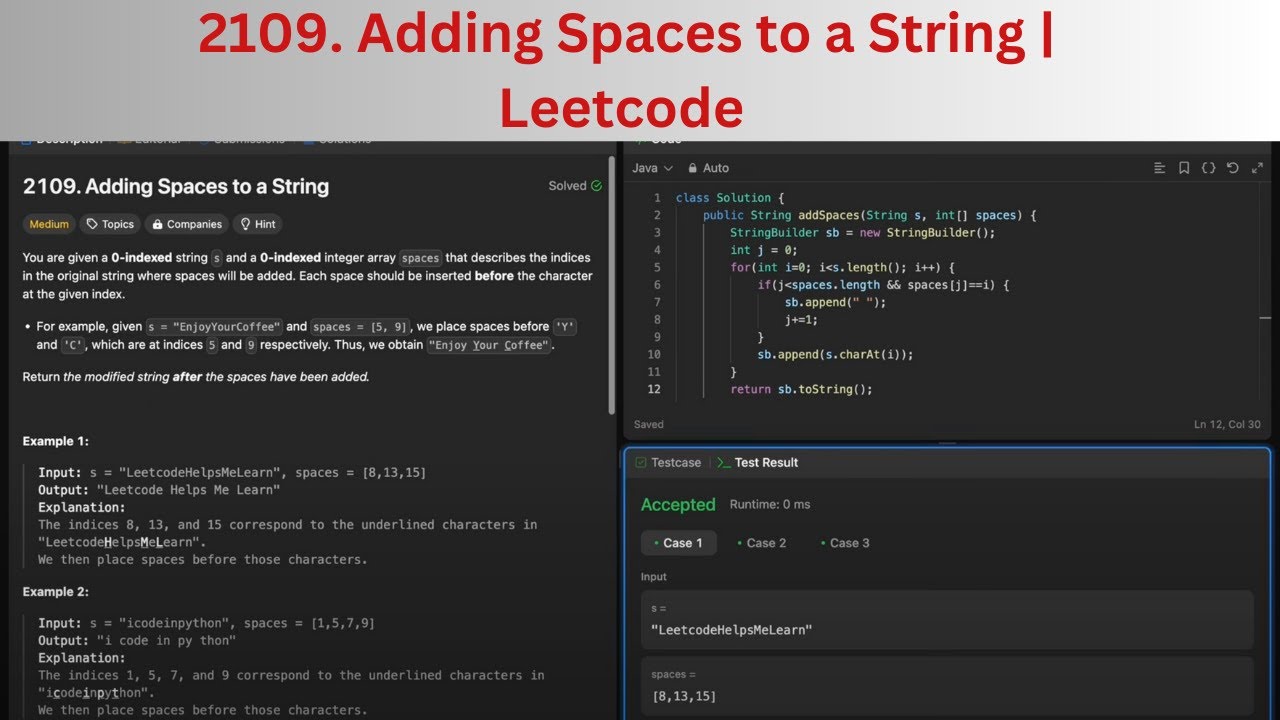 2109adding Spaces To A String Leetcode Solution In Java Youtube 1014