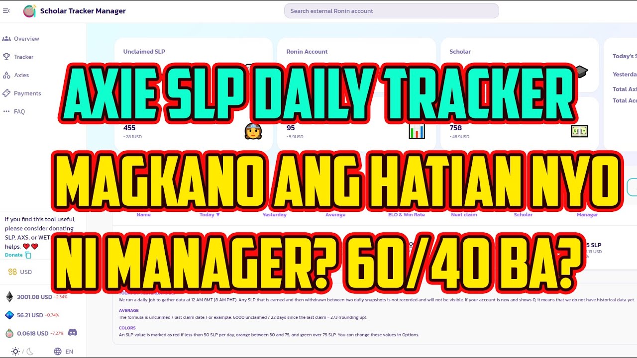 Axie Daily SLP Tracker Filipino/Tagalog, Magkano ba ang Hatiaan nyo ni ...