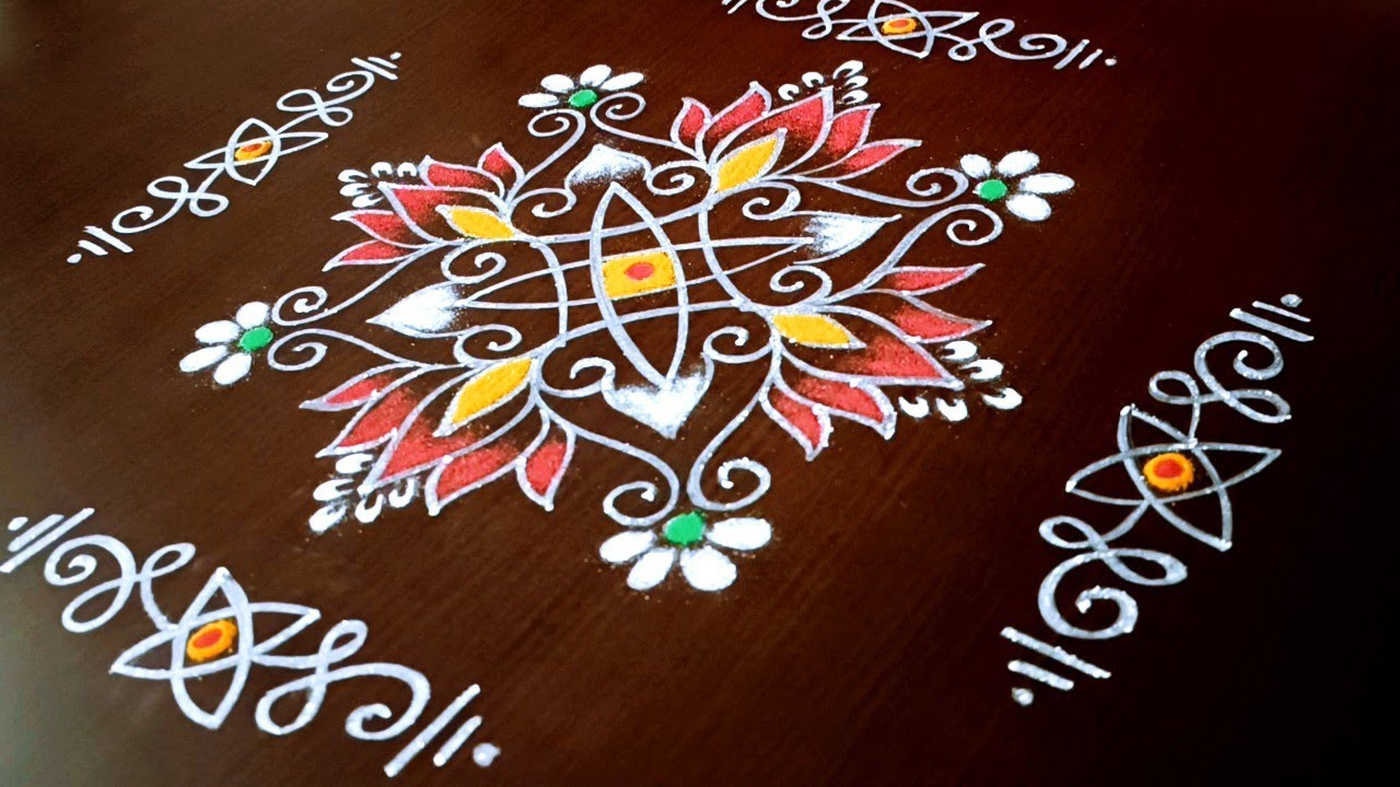 Easy Lotus rangoli with side border designs | Friday kolam | Simple ...