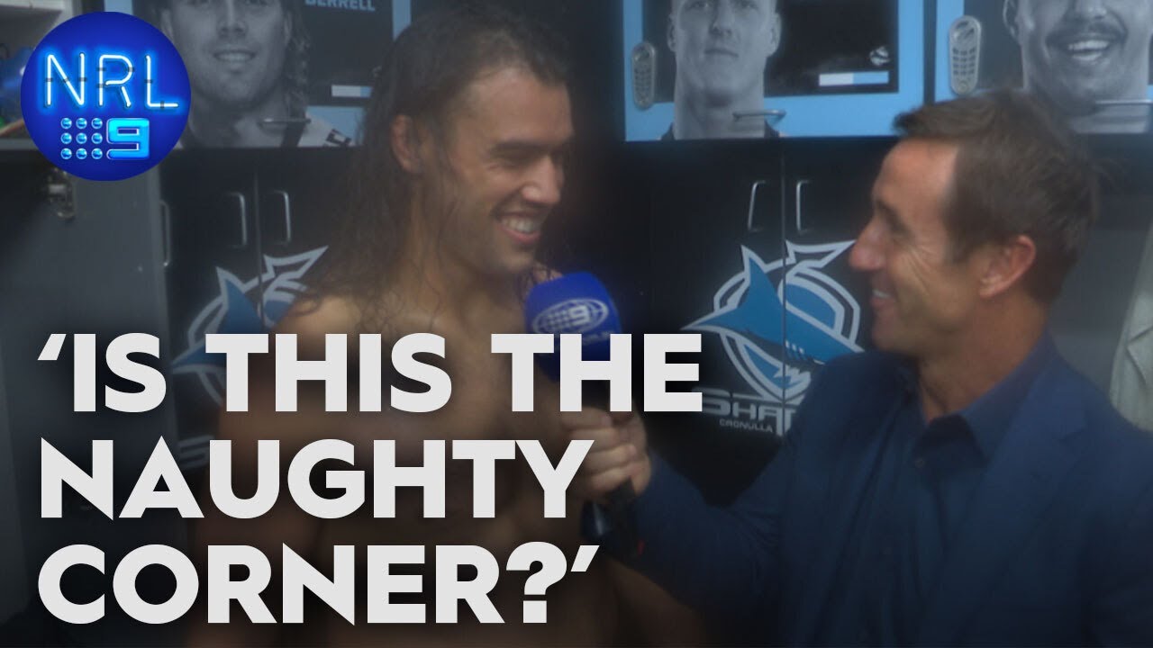 Joey heads into the victorious Sharks sheds | NRL on Nine - YouTube