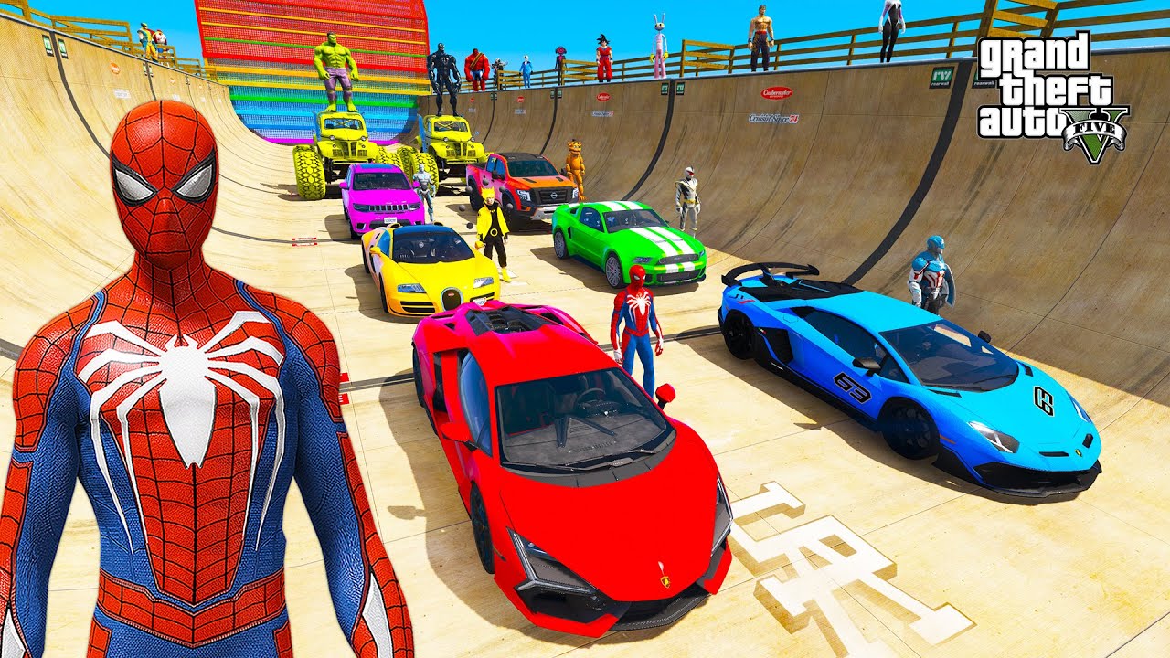 SPIDER-MAN 2 Epic New MEGA Ramp Stunt Race for CARS Racing! SuperHero ...