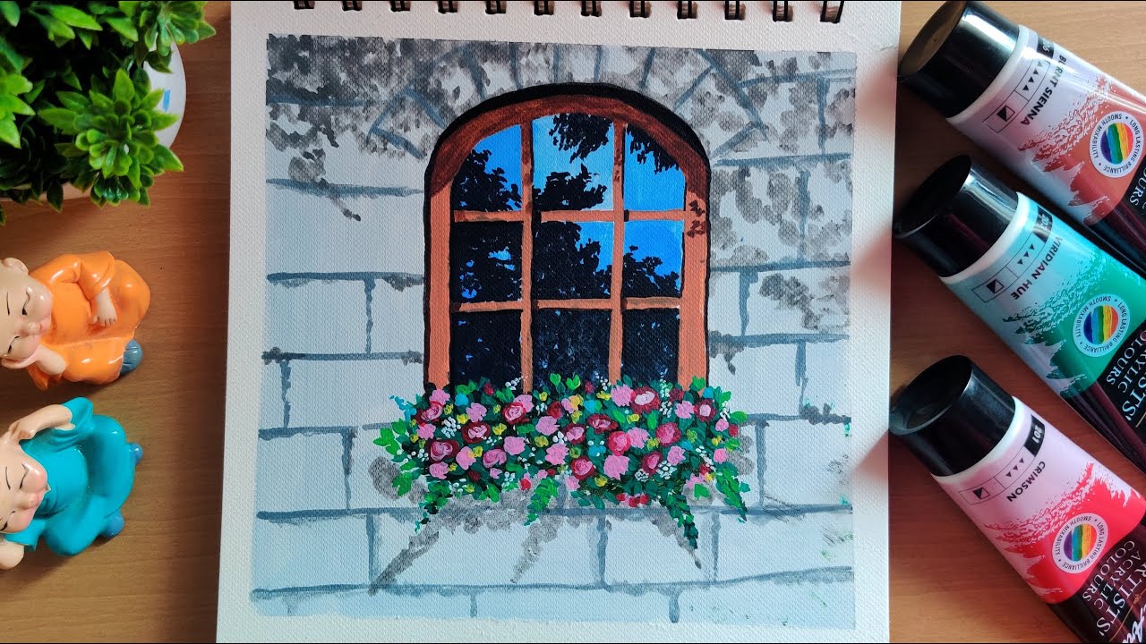 How to Paint Flowery Window Using Acrylic Color | Acrylic Painting for ...
