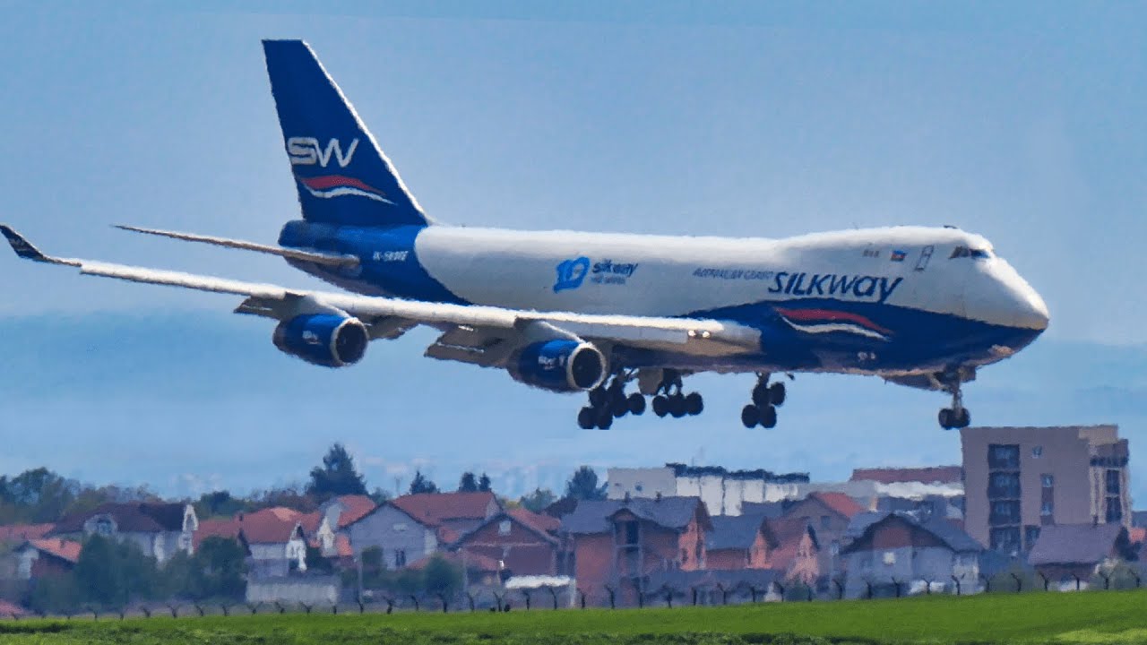 Silk Way West Airlines Boeing 747-4R7F Extreme Wind Landing at Belgrade ...