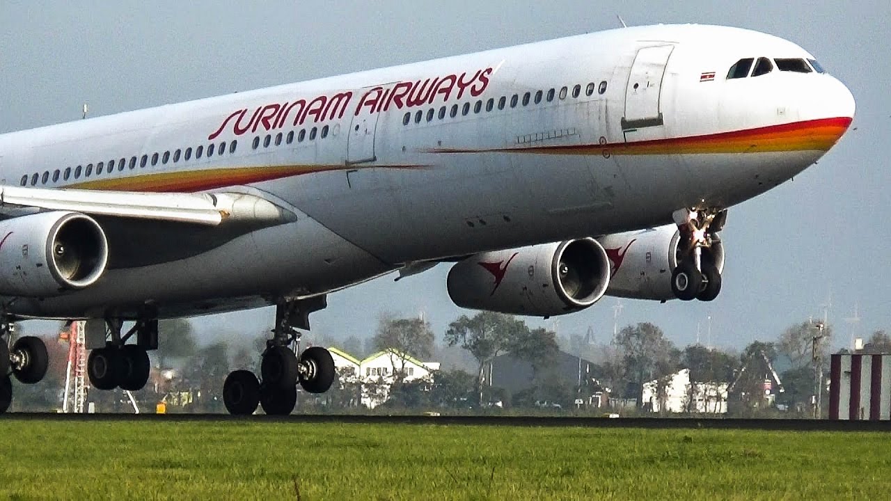 Surinam Airways A340 lands after a flock of birds pass the runway - YouTube
