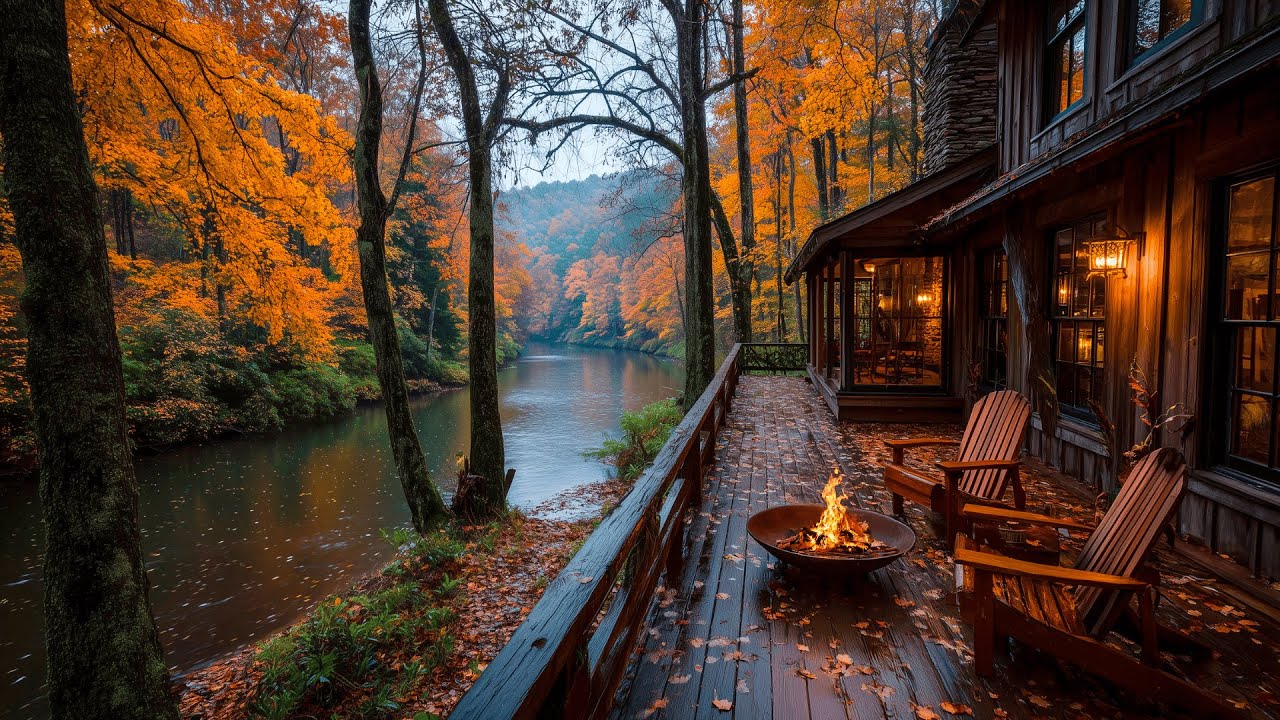 Calm Riverside Cabin | Cozy Porch Birds Singing & Campfire Ambience ...