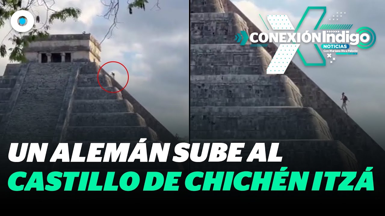 Turista alemán sube al Castillo de Kukulcán en Chichén Itzá durante el ...