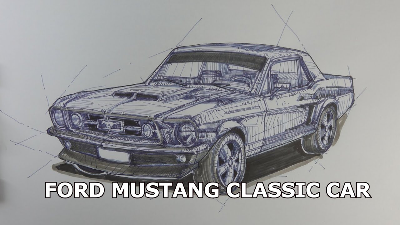 [Car drawing] draw a car 자동차 드로잉/ 올드카 포드 머스탱 Ford mustang classic car ...