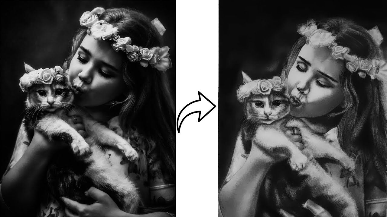 Realistic drawing of Cute Girl and Cat | Realistic Drawing | Immortal ...