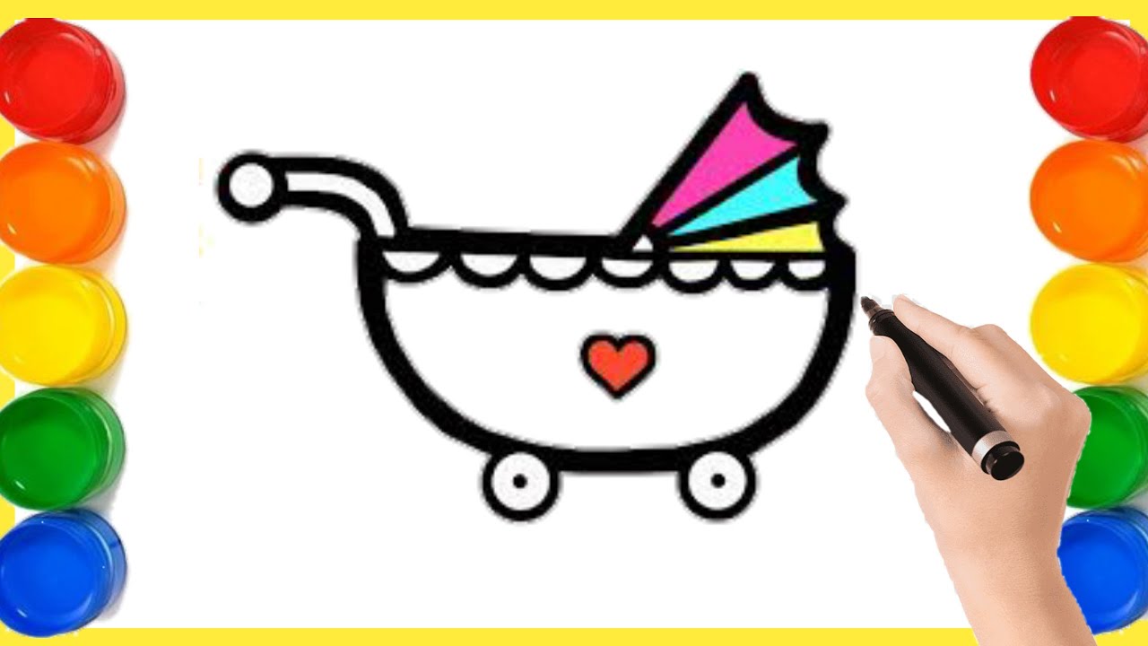 Kids Coloring Drawing Trolley | How To Draw Baby Cradle And Glitter ...