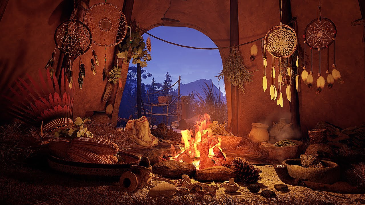 Cozy Native American Tent 🪶 Wooden Wind Chimes, Crackling Fire & Wind ...