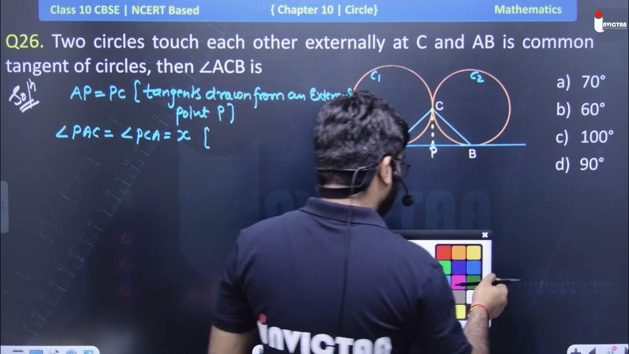 Two circles touch each other externally at C and AB is common tangent of circles, then ∠ACB is ...