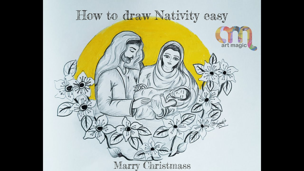 How to draw nativity scene | Pencil sketch of Mary Joseph and baby ...