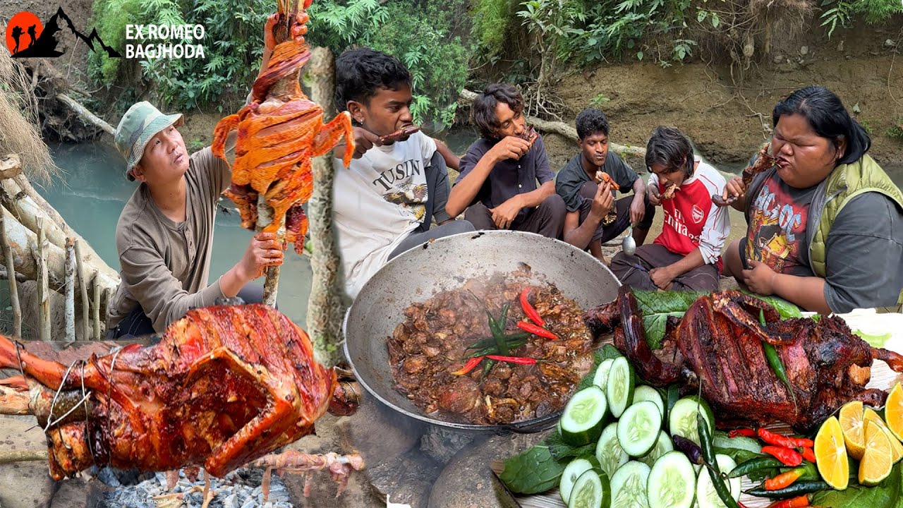 Outdoor Cooking Duck Grilled on open Fire Roast Two Whole Duck in ...