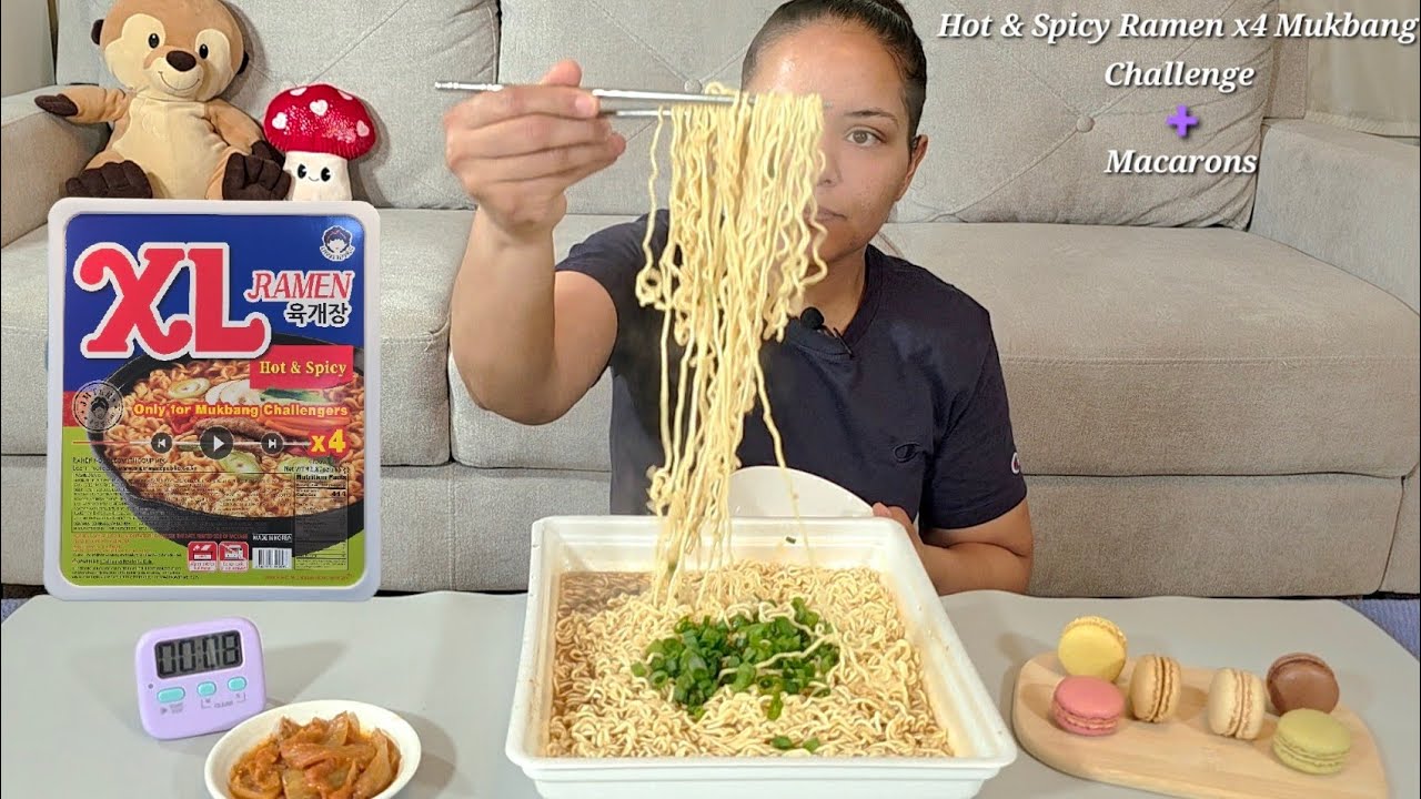 XL Ramen Hot & Spicy Mukbang Challenge and Macarons for Dessert 🍜 - YouTube