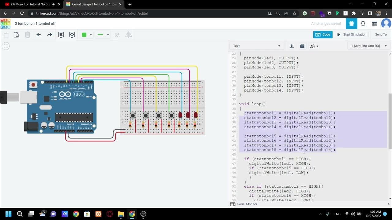Rangkaian 3 Buah Lampu dan 4 buah Tombol di arduino MenggunakanAplikasi Tinkercad | Arduino ...