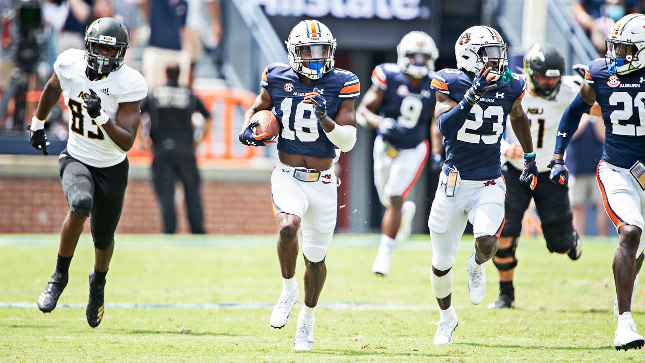 Auburn blocks Alabama State's field goal attempt and returns it for an ...