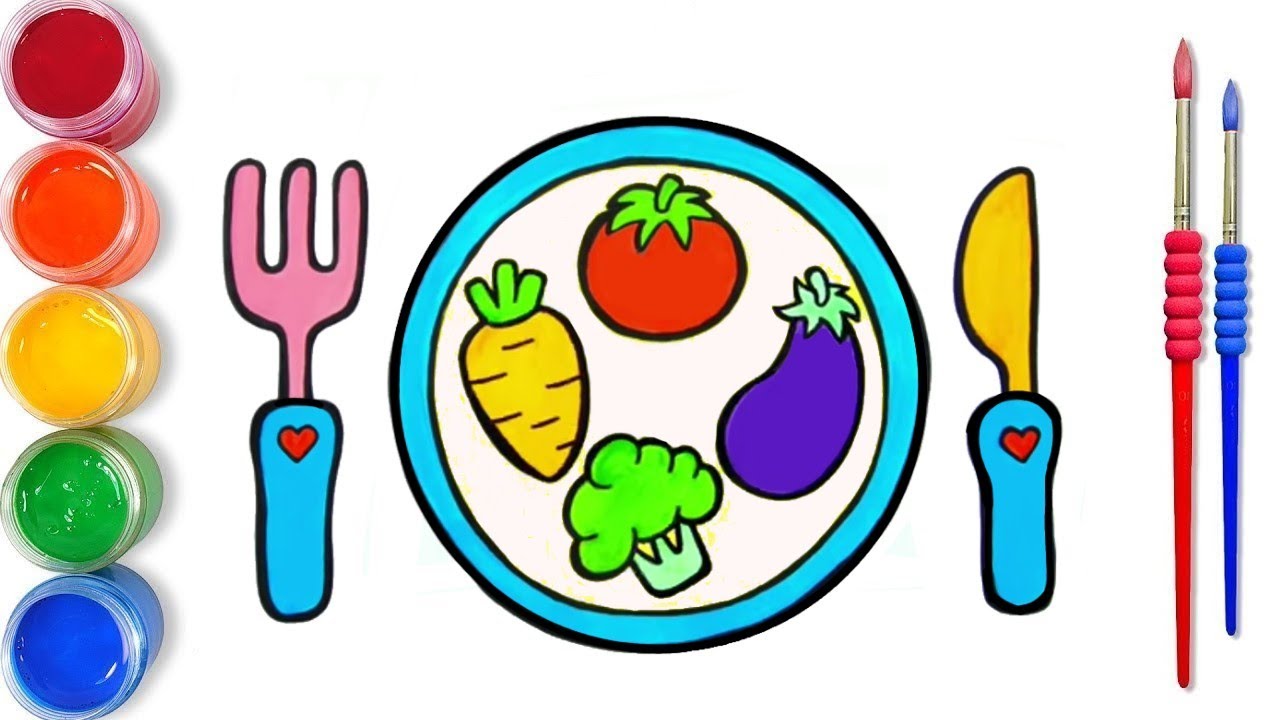 How to draw a vegetable plate for kids - Drawing and coloring vegetable ...